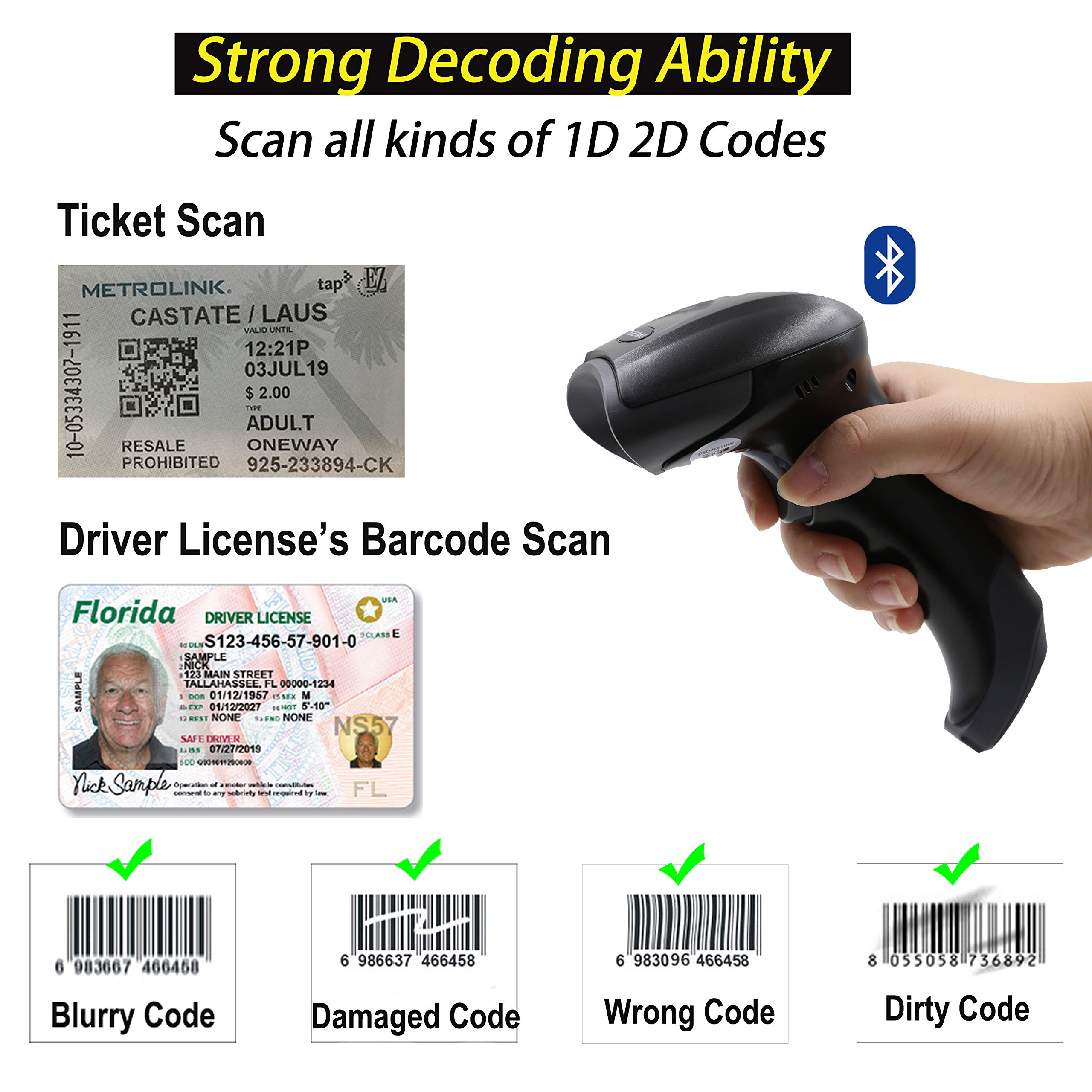 TEEMI 1D 2D Bluetooth Barcode Scanner with Intelligent USB Cradle Wall Mounted, Auto Activate Omni-Directional Hands-Free Scanning, Wireless Charging and Bluetooth 5.0 Technology (Black)