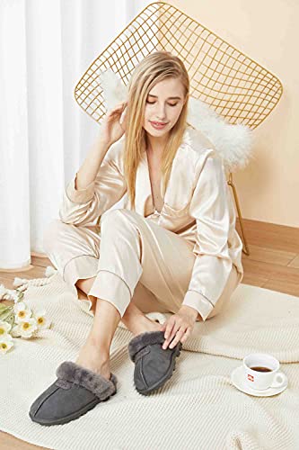 CLPP'LI Womens Slip on Faux Fur Warm Winter Mules Fluffy Suede Comfy Slippers-Grey-8