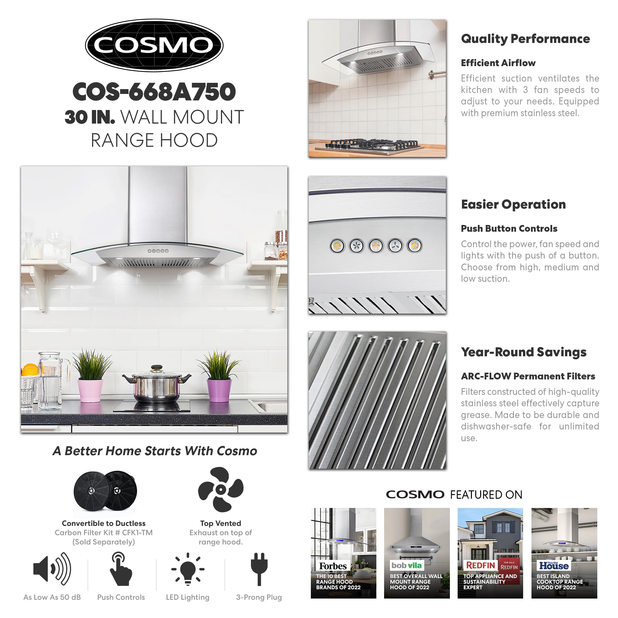 COSMO 668A750 Wall Mount Range Hood 380-CFM with Ducted Glass Chimney Kitchen Stove Vent, LED Light, 3 Speed Exhaust Fan, Permanent Filter, Stainless Steel (30 inch)
