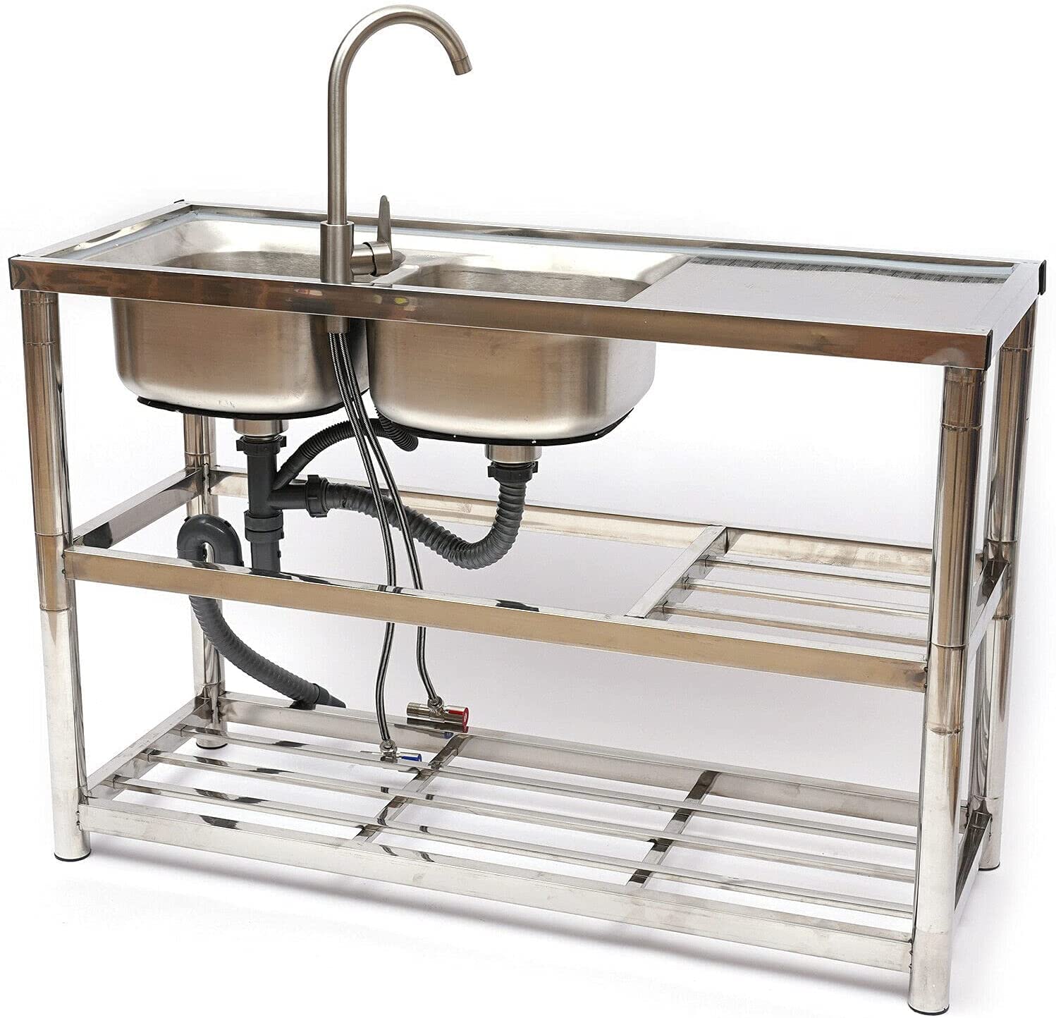 Commercial Restaurant Sink,Stainless Steel Utility Sink Free-standing Kitchen Sink,Double Bowl Kitchen Sinks with Strainer,304 Stainless Steel Freestanding Kitchen Sink