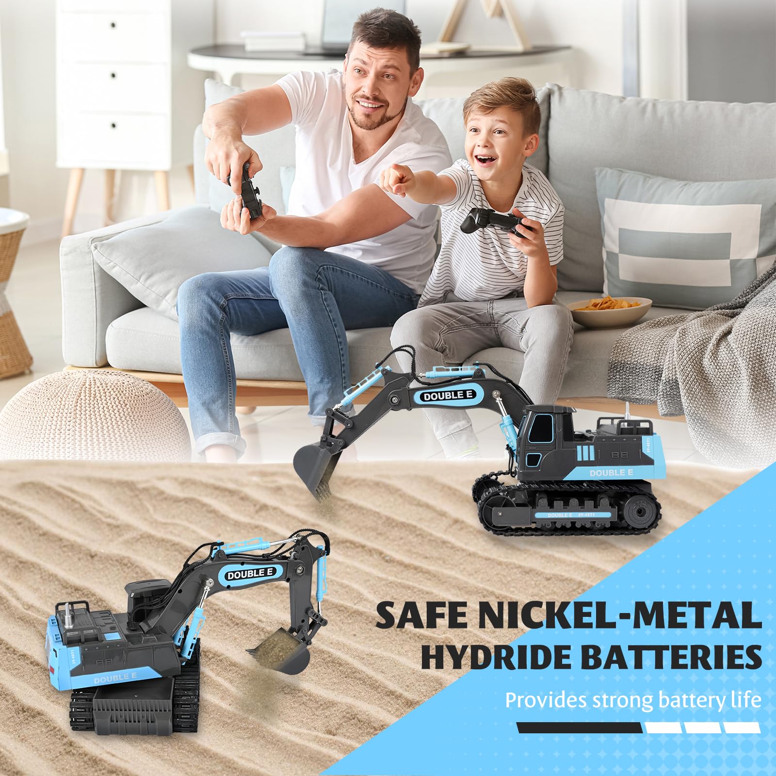 DOUBLE E Remote Control Excavator Toy RC Excavators Rechargeable Battery Digger Hydraulic Construction Toys Vehicles Xmas Gift for Boys Girls Kids 3-14 Years,Gray-Blue