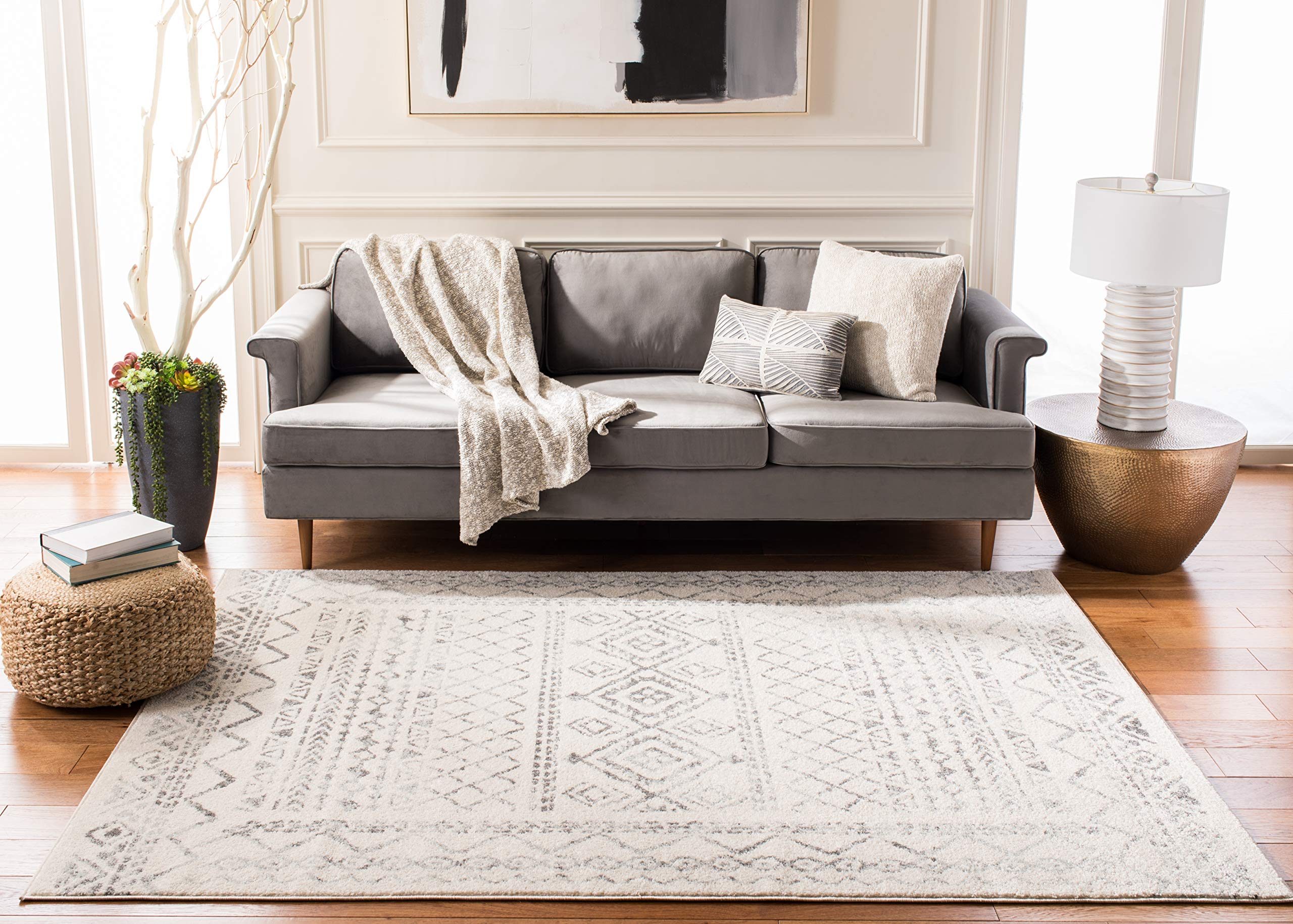 SAFAVIEH Tulum Collection Area Rug - 8' x 10', Ivory & Grey, Moroccan Boho Distressed Design, Non-Shedding & Easy Care, Ideal for High Traffic Areas in Living Room, Bedroom (TUL268A)