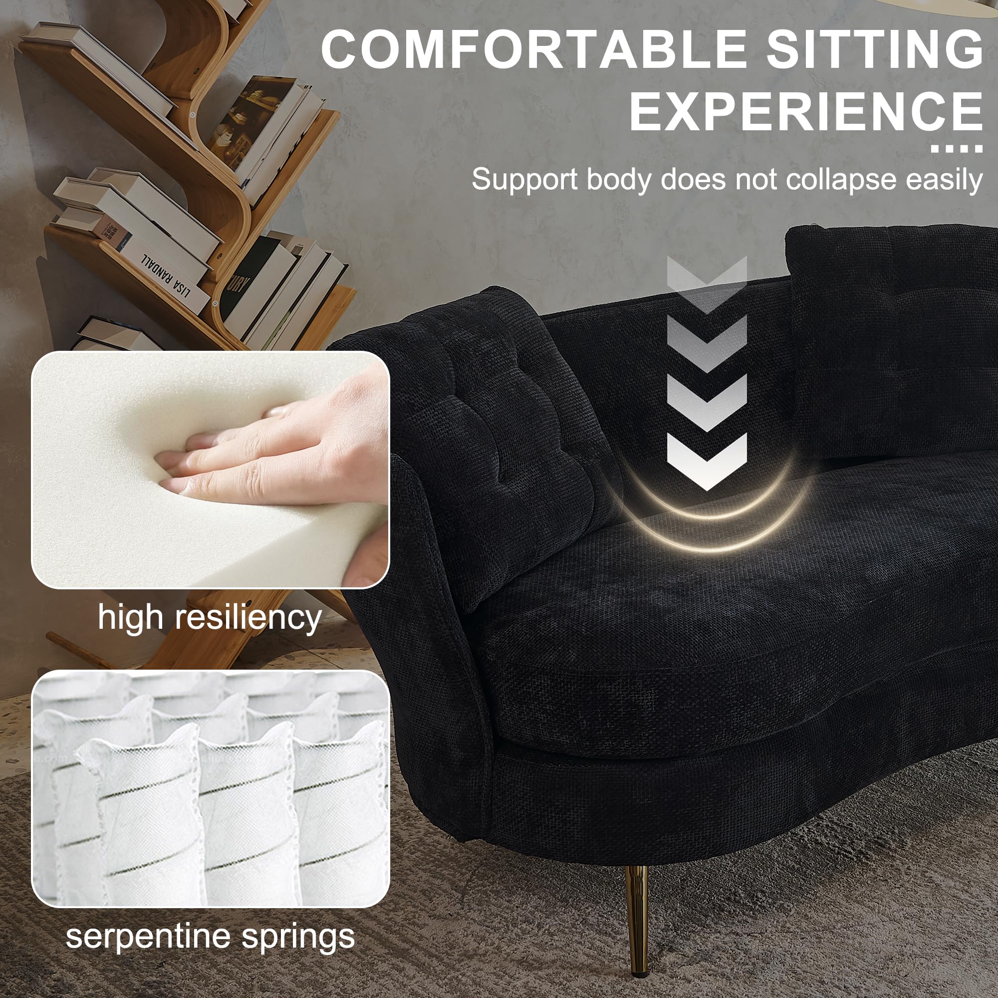 Modern Tufted Velvet Loveseat,Futon Club Two Seater Sofa,Compact Living Room Studio,Office,Dormitory,Breathable Spring Small Sofa For Entertainment Room Suitable For Living Room ＆ Bedroom (Black)