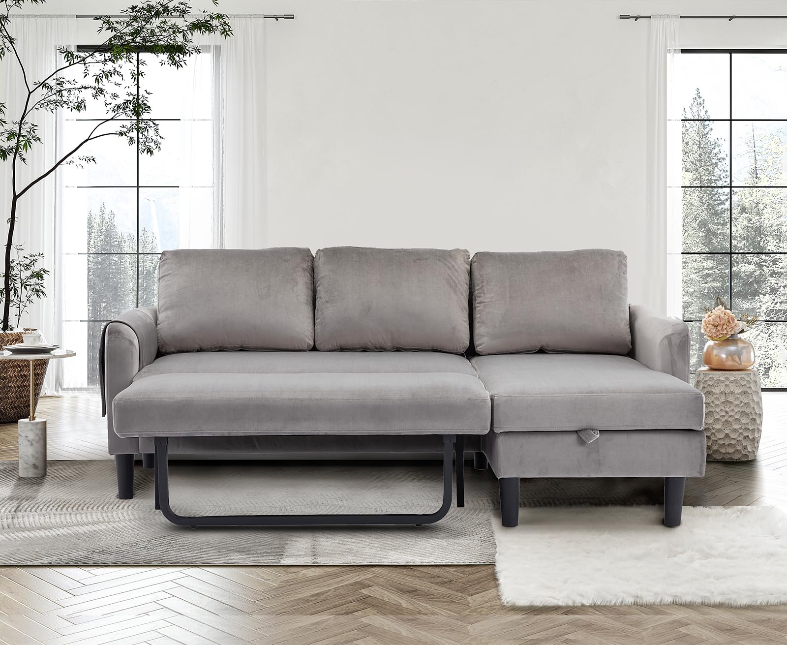 Modern Velvet Pull Out Sleeper Sofa Bed with Chaise, Comfy L Shaped Convertible Couch with Storage and Pocket, Sectional 3 Seat Couch for Living Room Furniture or Office, Smooth Back - Light Gray