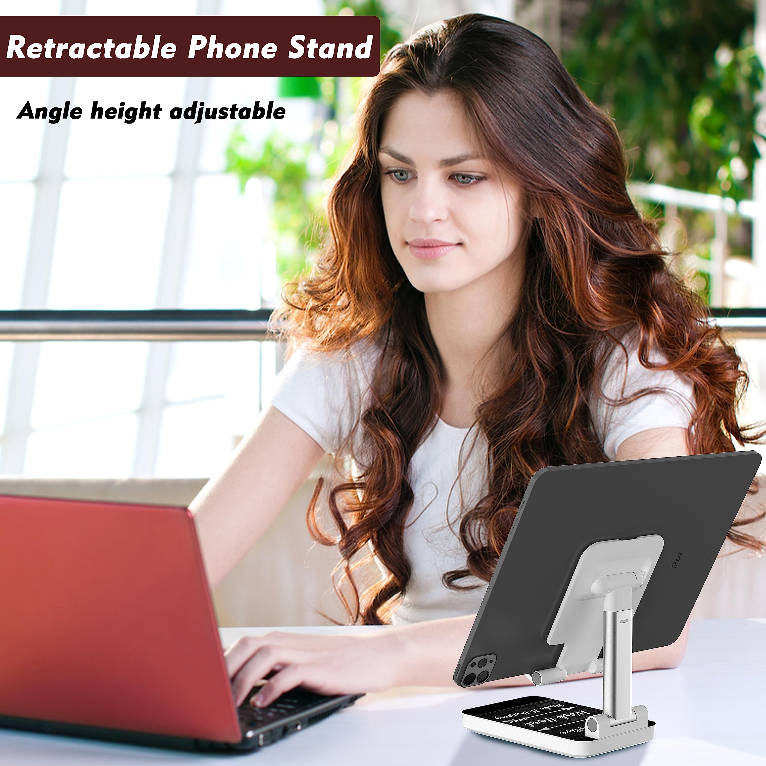 Coaott Cell Phone Stand, Adjustable Phone Stand for Desk with Foldable Phone Holder ，Suitable for iPhone Holder、Cell Phone Stand for Desk with Cute Pattern Cell Phone Holder (Work Hard)