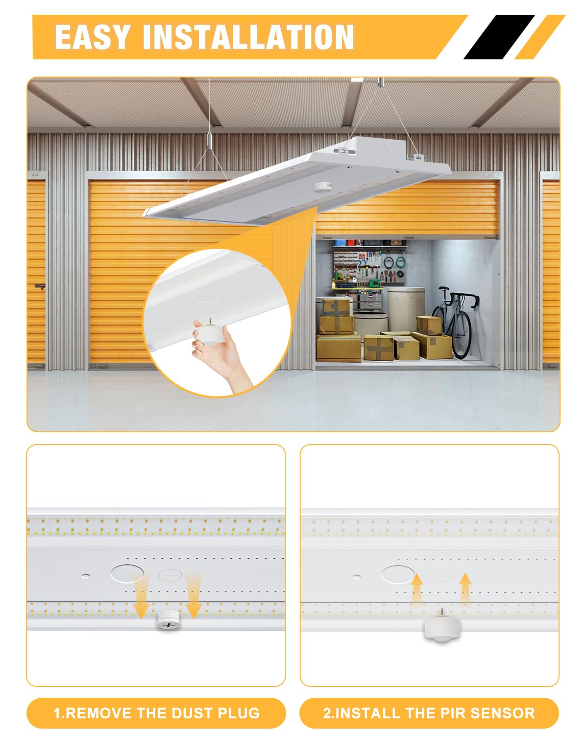 JC-LGL 210W LED Linear High Bay Light with PIR Sensor,LED High Bay Shop Lights Fixture, Compatible with Industrial 120-277V, LED Linear High Bay Light for Shop Garage Warehouse