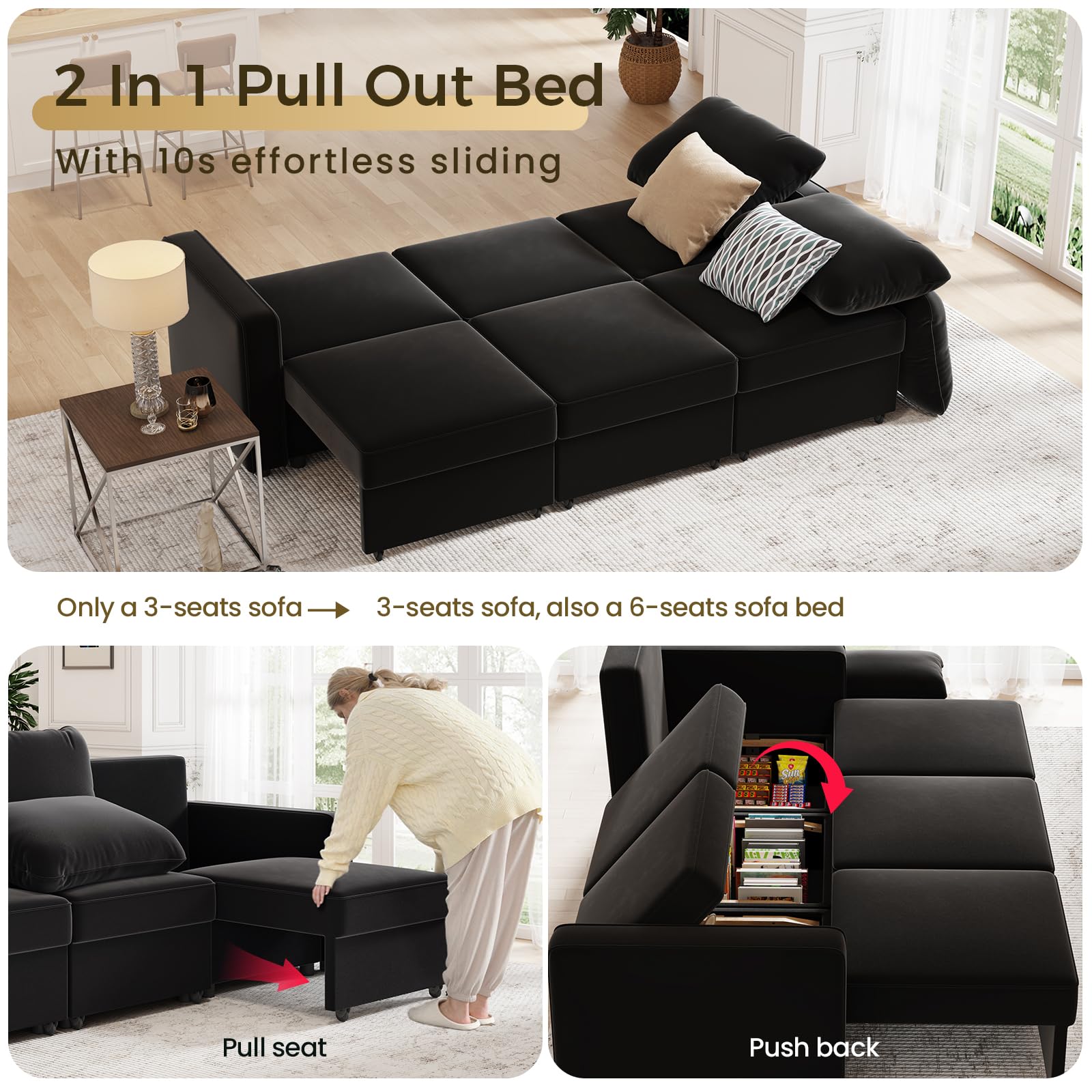 Modular Sectional Sofa, 91 Inch Comfy Sofa, 3 Seater Sofa with Storage Space, Sleeper Sofa, Cloud Couch, Modern Sofa for Living Room, Velvet, Black