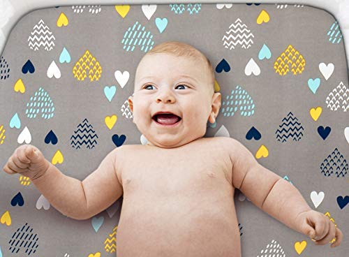 COSMOPLUS Stretch Fitted Pack n Play Playard Sheets 2 Pack for Mini Crib Sheet Set,Pack n Play Mattress Cover, Ultra Stretchy Soft,Heart Pattern
