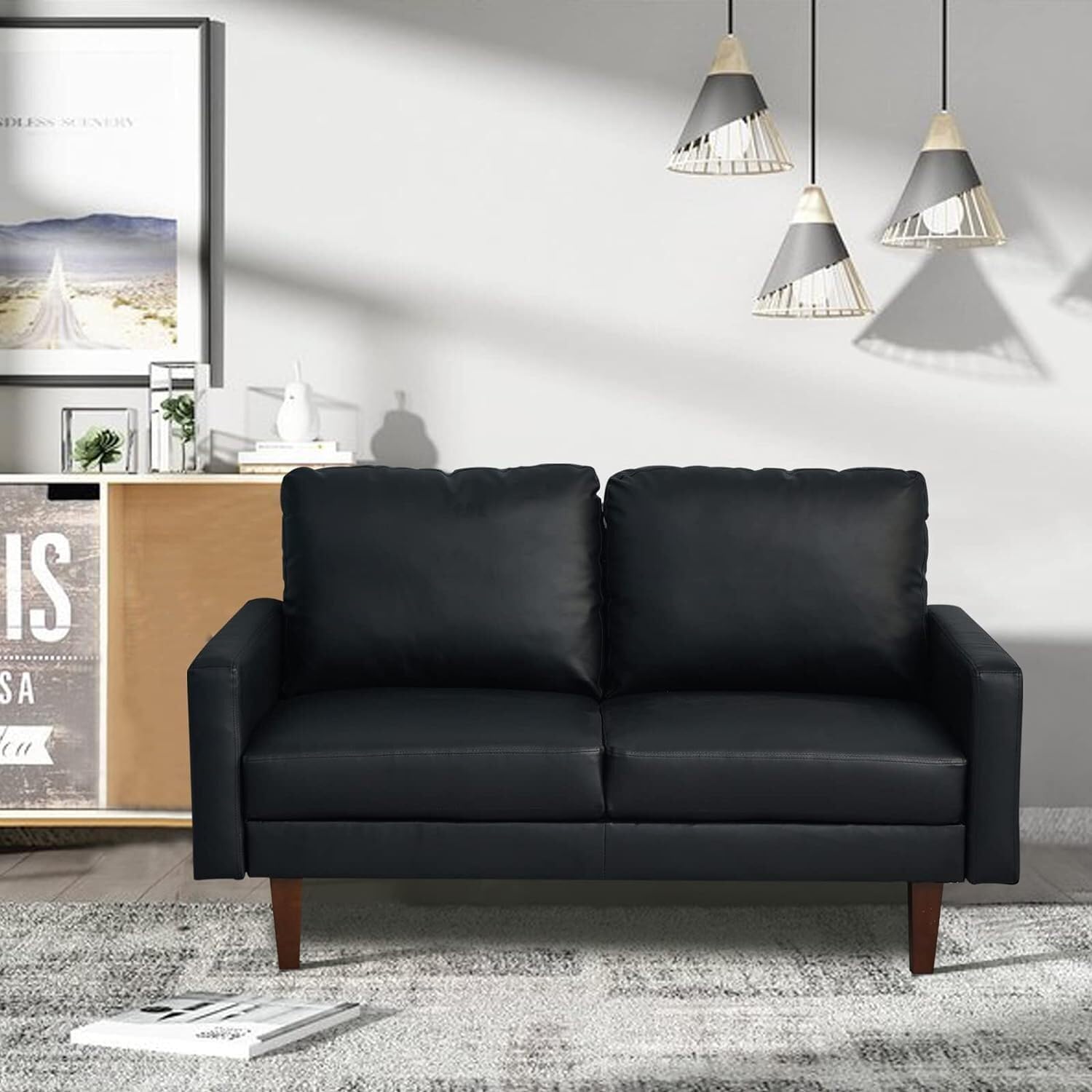 HomeStock Rococo Radiance Leather Upholstered, Comfy Couch Modern Sofa with Wooden Legs for Living Room, Office, Removable Cushions, Wooden Legs Black/Loveseat