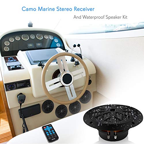 Pyle Marine Head Unit Receiver Speaker Kit - In-Dash LCD Digital Stereo Built-in Bluetooth & Microphone w/ AM FM Radio System 6.5ββ Waterproof Speakers (4) MP3/SD Readers & Remote Control -PLMRKT48BK
