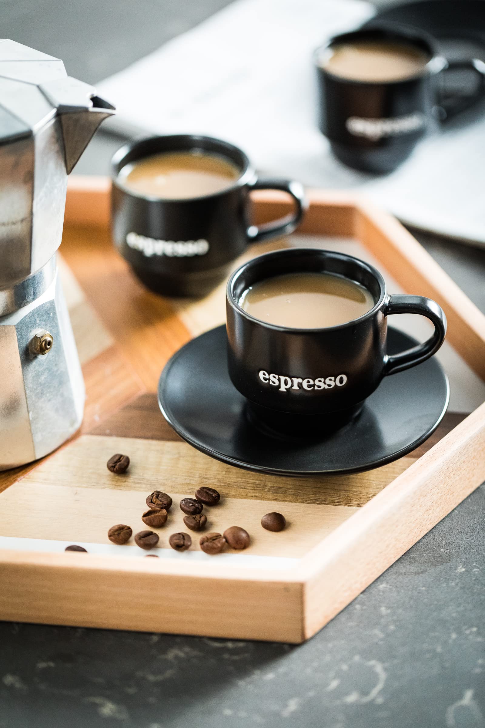 Espresso Cups with Saucers Set, Porcelain Coffee Cups Set with Metal Stand 4 OZ Stackable Demitasse Cups for Latte, Cafe, Mocha and Cappuccino, Tea Cup Set of 6, Thanksgiving Gifts, Black