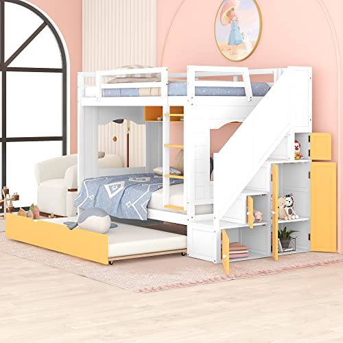 HomSof Twin Over Twin Bunk Bed with Trundle,Stairs,Ladders Solid Wood Bunk Bed with Storage Cabinet (White + Yellow)