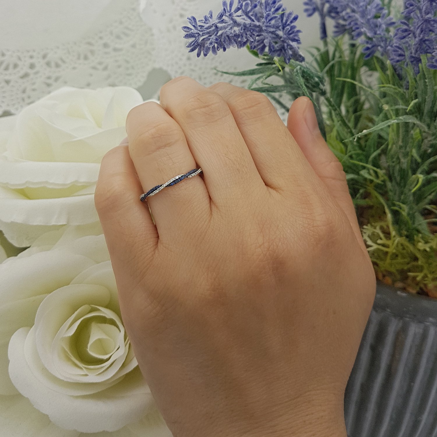 Dazzlingrock Collection Round Blue Sapphire & White Diamond Swirl Stackable Ring for Women in 14K Solid White Gold, Size 5