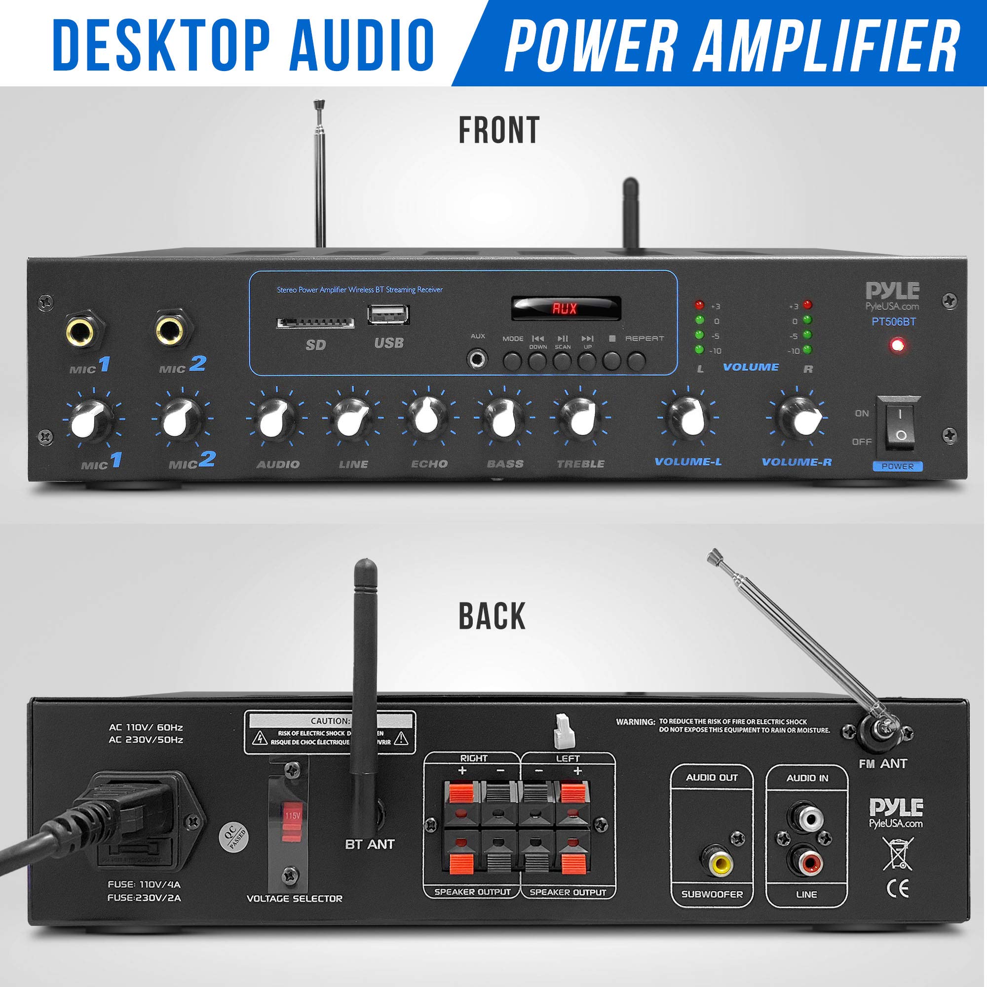 Pyle Professional Powered Amplifier & Bluetooth Receiver Stereo Audio System, FM Radio, (2) 1/4'' Microphone Input Jacks, MP3/USB/SD/AUX Playback, LCD Display ID3 Tag Readout 600 Watt - PT506BT.5