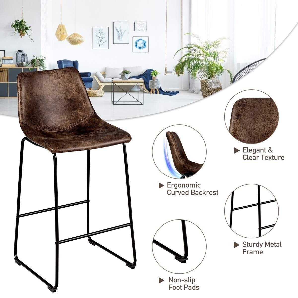 COSTWAY Set of 2 Bar Stools, Vintage Faux Suede Bar Stools, with Metal Legs, Back and Footrest, Upholstered Stools for Home Kitchen, Pub (Brown, 4)