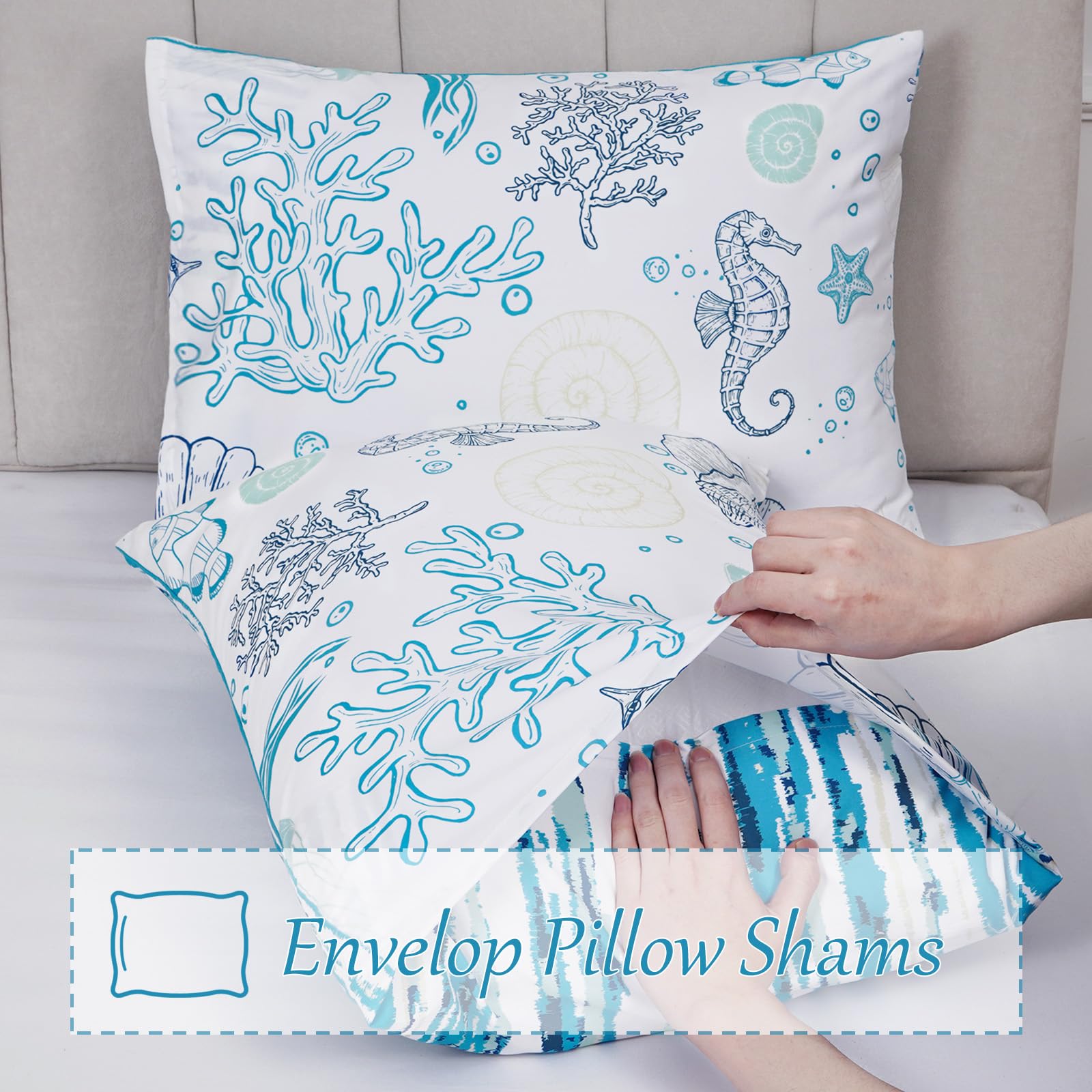 Likiyol Duvet Cover King Set, Coastal Comforter Cover with Zipper Closure, Seashells and Sealife Nautical Soft Microfiber Bedding Sets 3 Pieces(1 Duvet Cover+2 Pillowcases)