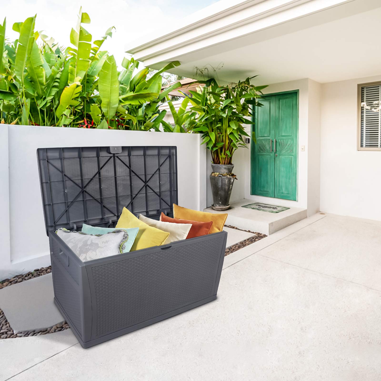 HomVent 120 Gallon Resin Rattan Deck Box, Waterproof Storage Deck Box, Outdoor Storage Container Rattan Style Storage Box for Patio Gardening Tools, Cushions, Pool Accessory, Pillows (Grey)