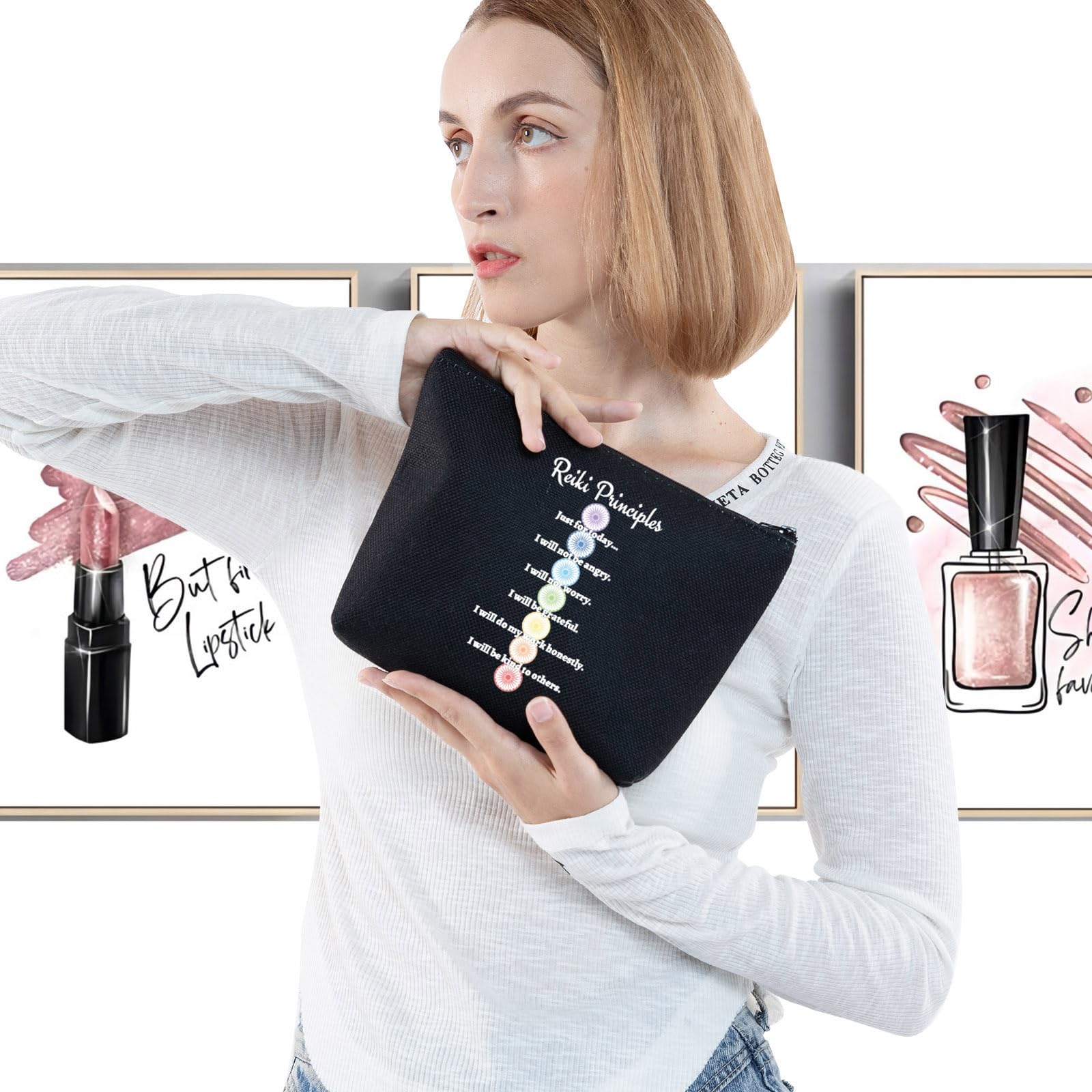 G2TUP Reiki Master Yoga Teacher Makeup Bag Just for Today Inspirational Spiritual Gifts Reiki Chakra Healing Zipper (Just for Today BLACK)