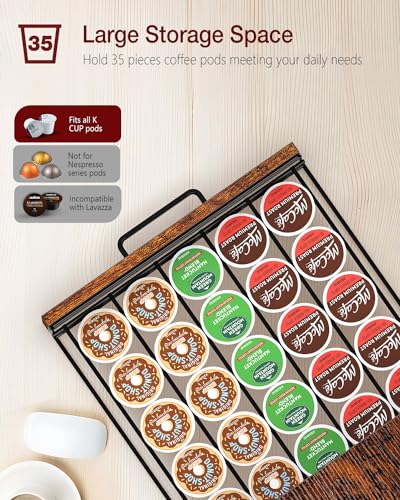 Evermagin K Cup Holder Drawer - Coffee Pod Organizer for Counter, Sturdy K-Cup Storage Drawer with Mug Rack, Coffee Maker Stand, 35 Pods Capacity, Rustic Brown