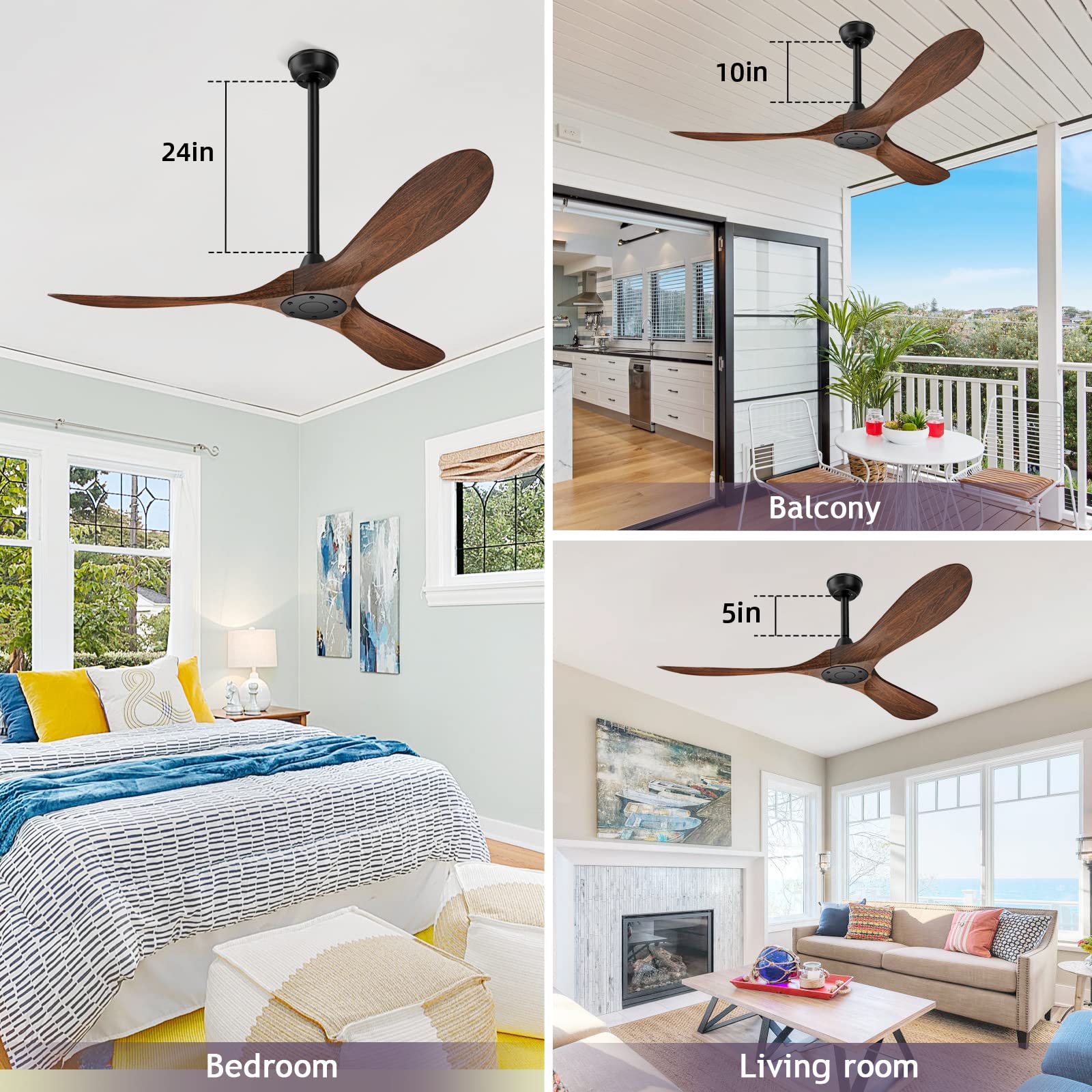 CLUGOJ Black Ceiling Fan, Modern Ceiling Fans with Remote, Indoor/Outdoor Ceiling Fans for Patios Farmhouse Bedroom, 52", Matte Black