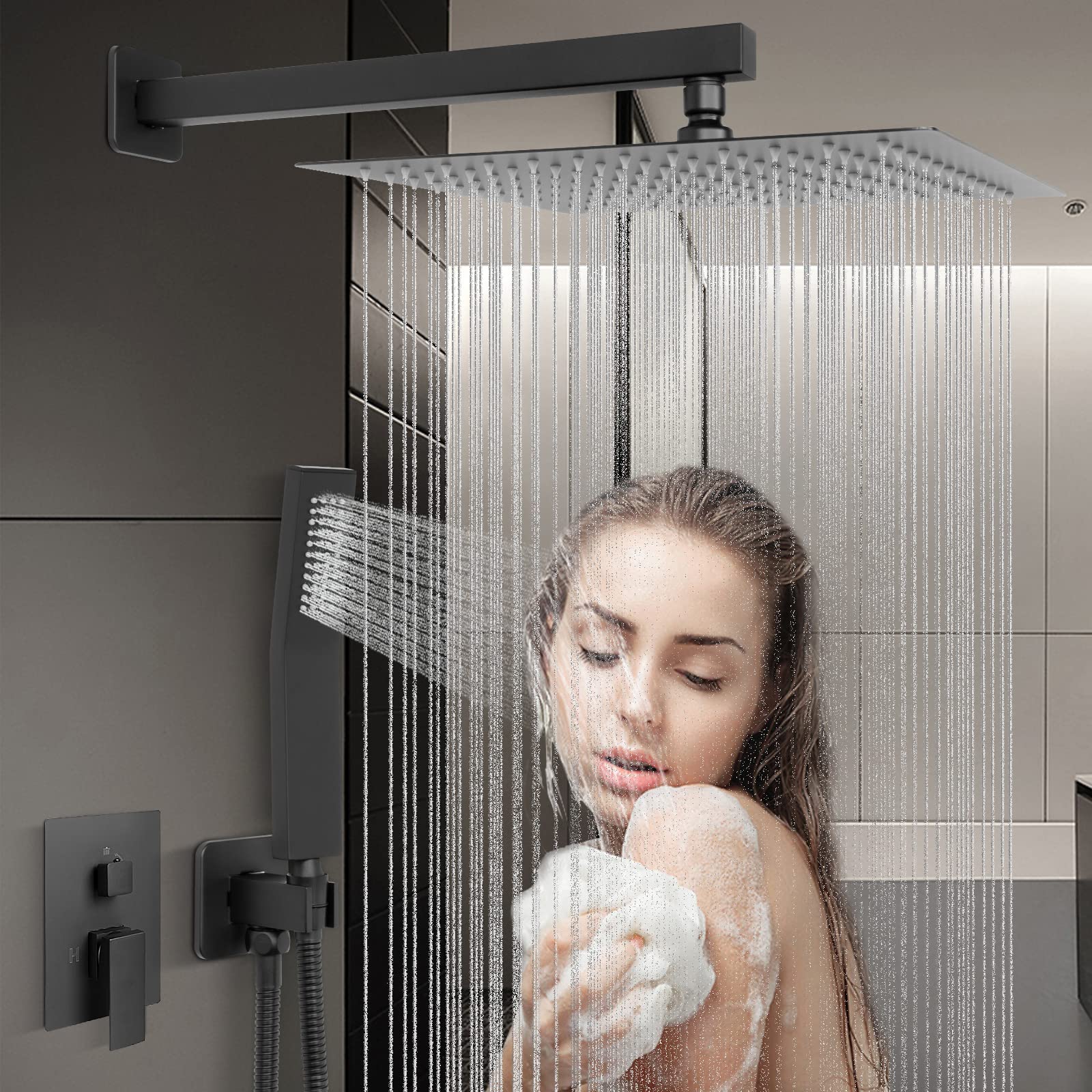 HarJue Shower Head with Extension Arm, High Pressure 12 Inch Square Shower Head with Handheld Shower Faucets Combo Set, Luxury Shower Balance Valve and Trim Kit (Shower System, Matte Black)