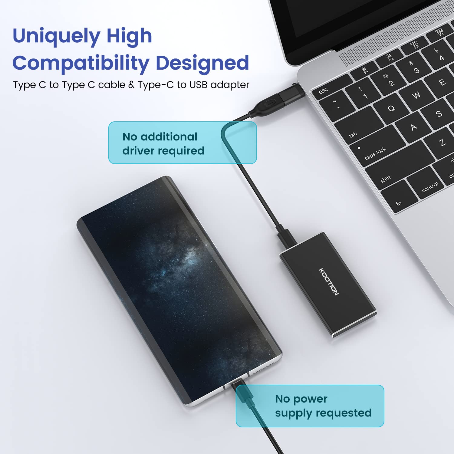 KOOTION 250GB External Solid State Drive, USB 3.1 Type-C SSD Mini Portable Hard Drive for Mobile PC Laptop (250GB, Black)