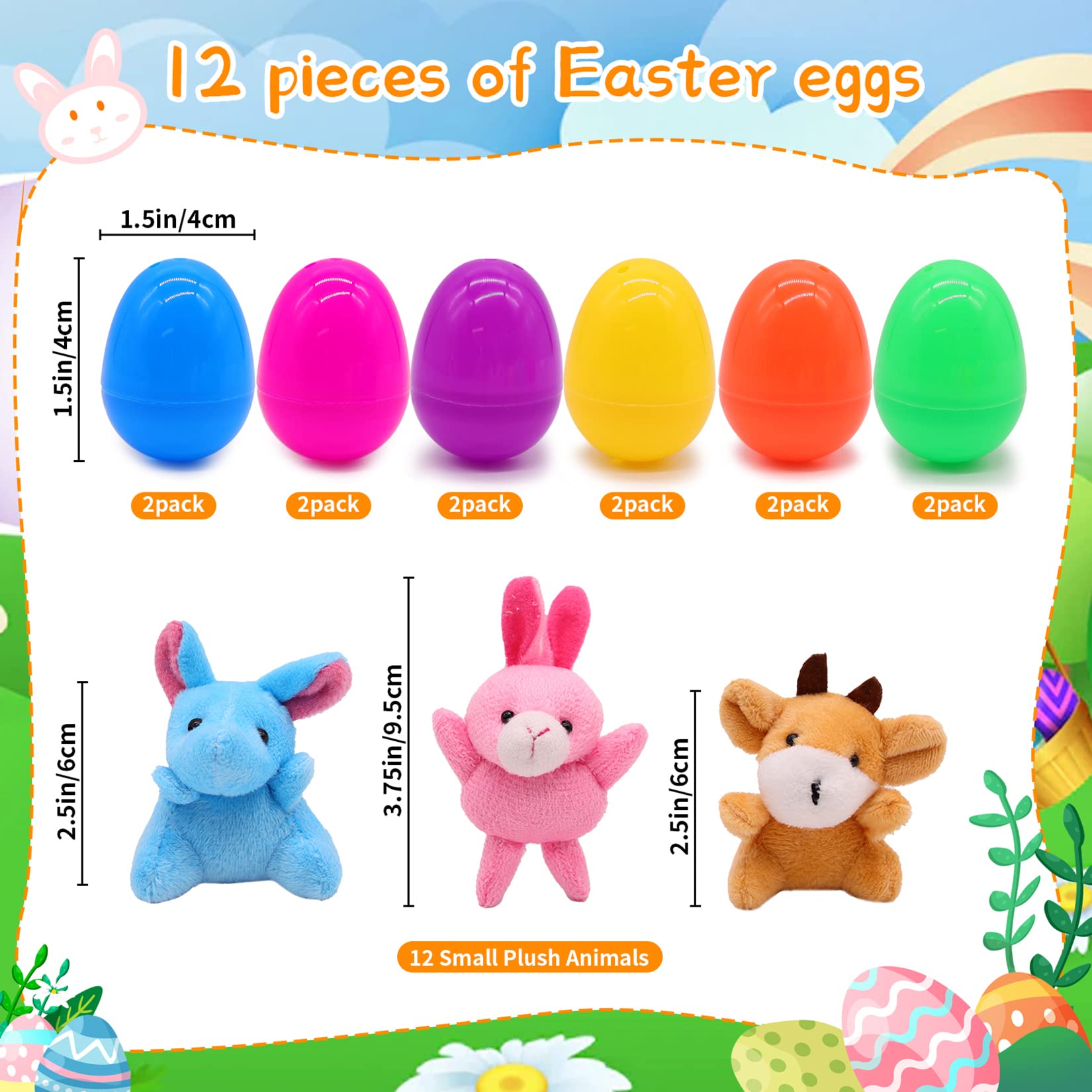 KOPHINYE Easter Eggs Filled with Mini Animal Plush Toy Set, 12 Pack Cute Stuffed Animal Keychain, Easter Basket Stuffed Animals for Easter Egg Hunt Party Supplies Favors, Easter Gifts for Kids