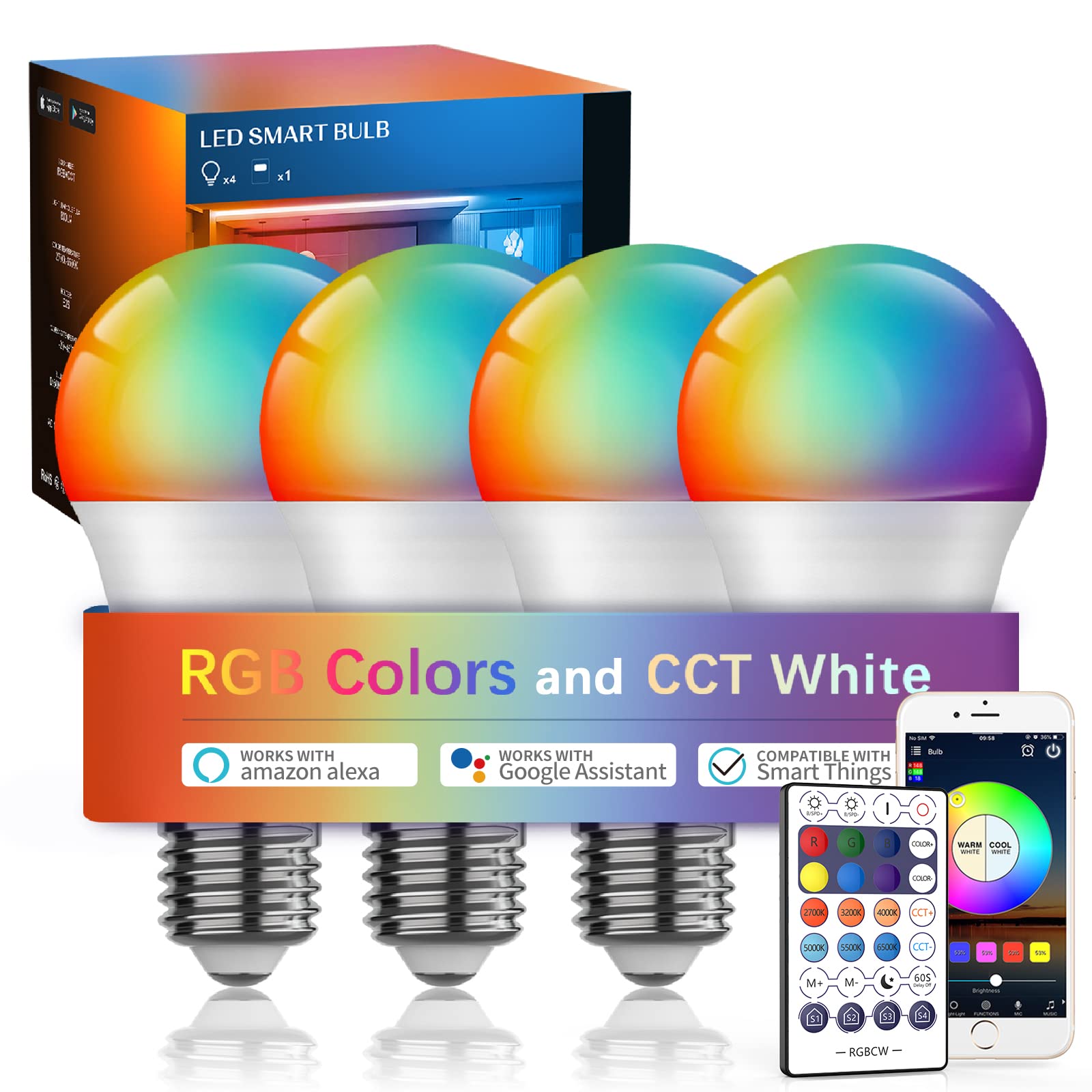 Comoyda Smart Light Bulbs with Remote, WiFi Bluetooth Color Changing LED Light Bulb A19 9W 800Lumens, Music Sync Lighting Bulb Works with Alexa, Google Home, Siri Shortcut, 4 Pack