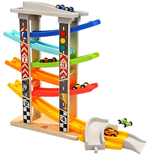 TOP BRIGHT Wooden Car Ramp Toddler Toys for 1 2 Year Old Boy Race Track, Race Car Ramp for One Two Year Old with 6 Mini Cars