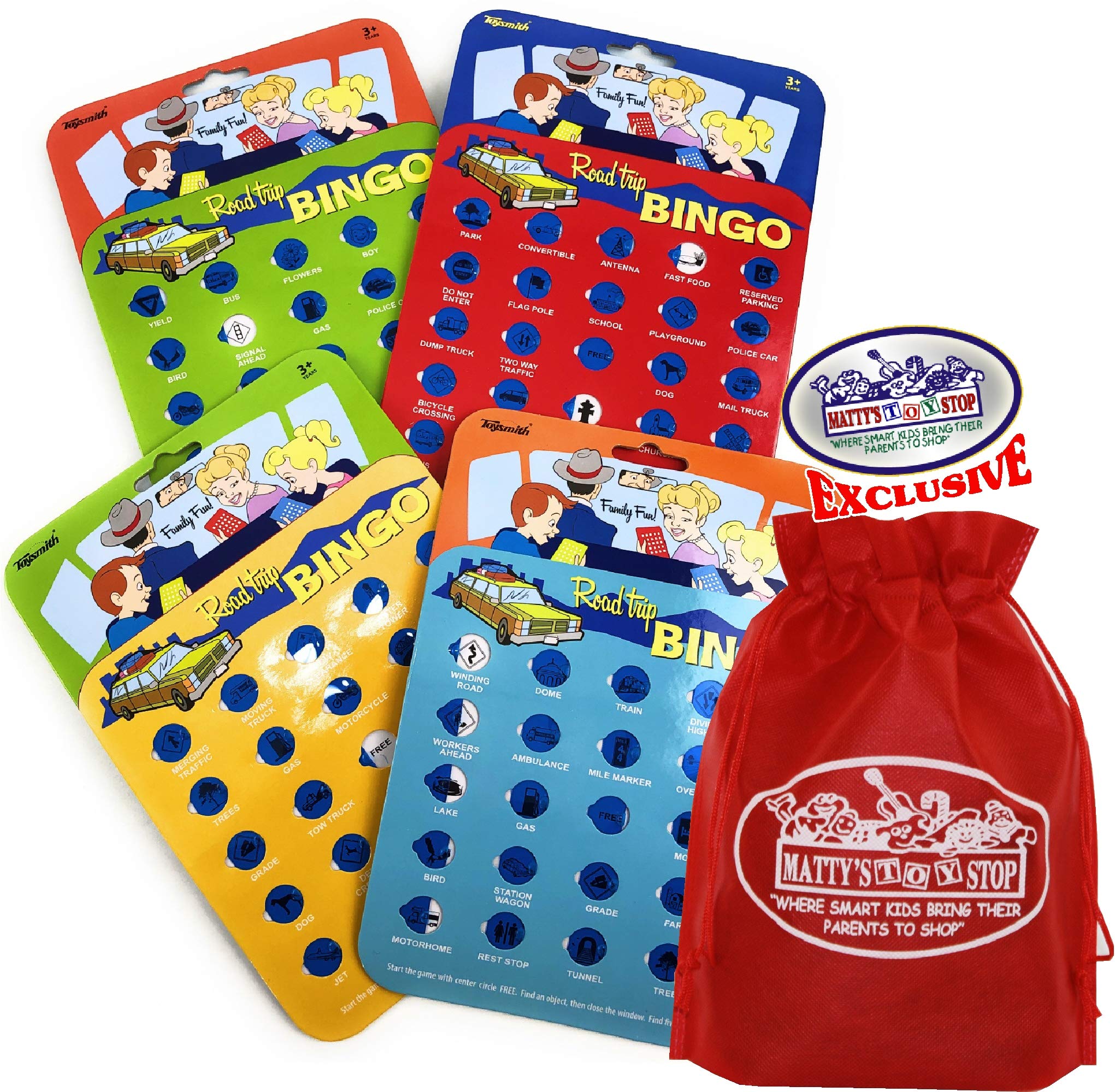 Toysmith Road Trip Bingo Cards Red, Blue, Green & Orange Gift Set Travel Bundle with Bonus Matty's Toy Stop Storage Bag - 4 Pack