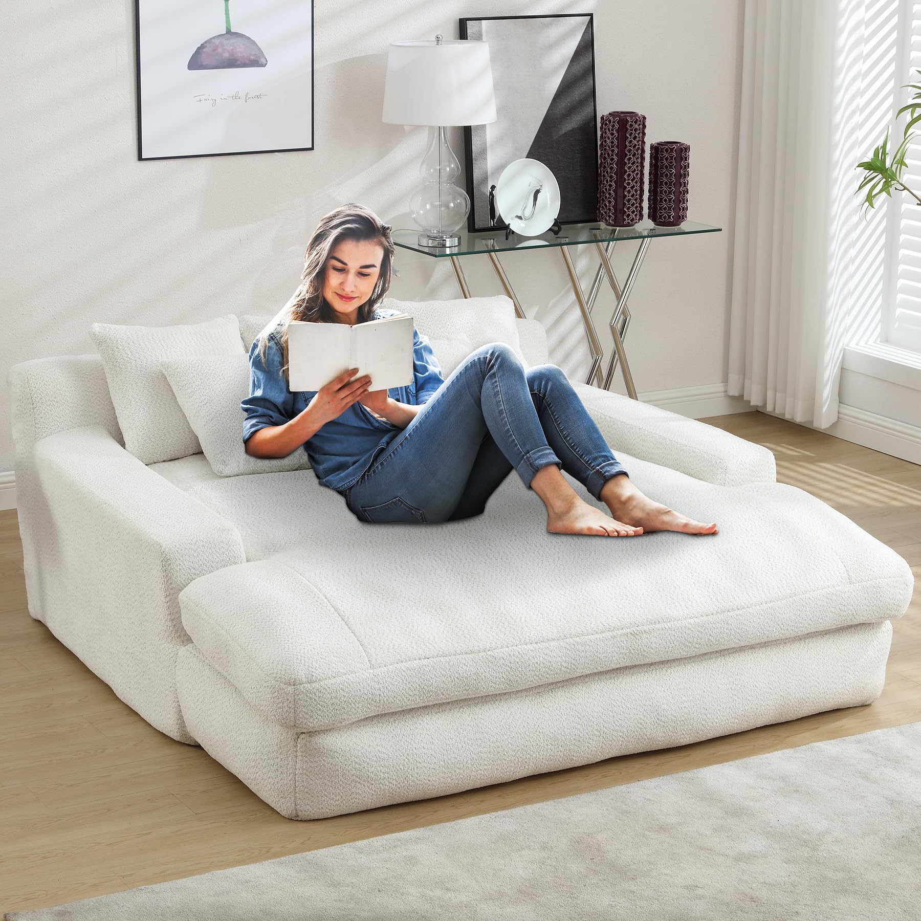 ONEMMLION Oversized Loveseat Modular Sectional Sofa Cloud Couch, 72.4" Comfy Deep Seat Double Chaise Sleeper Sofa, Modern Upholstered Chenille Boucle Couch for Living Room, Grey