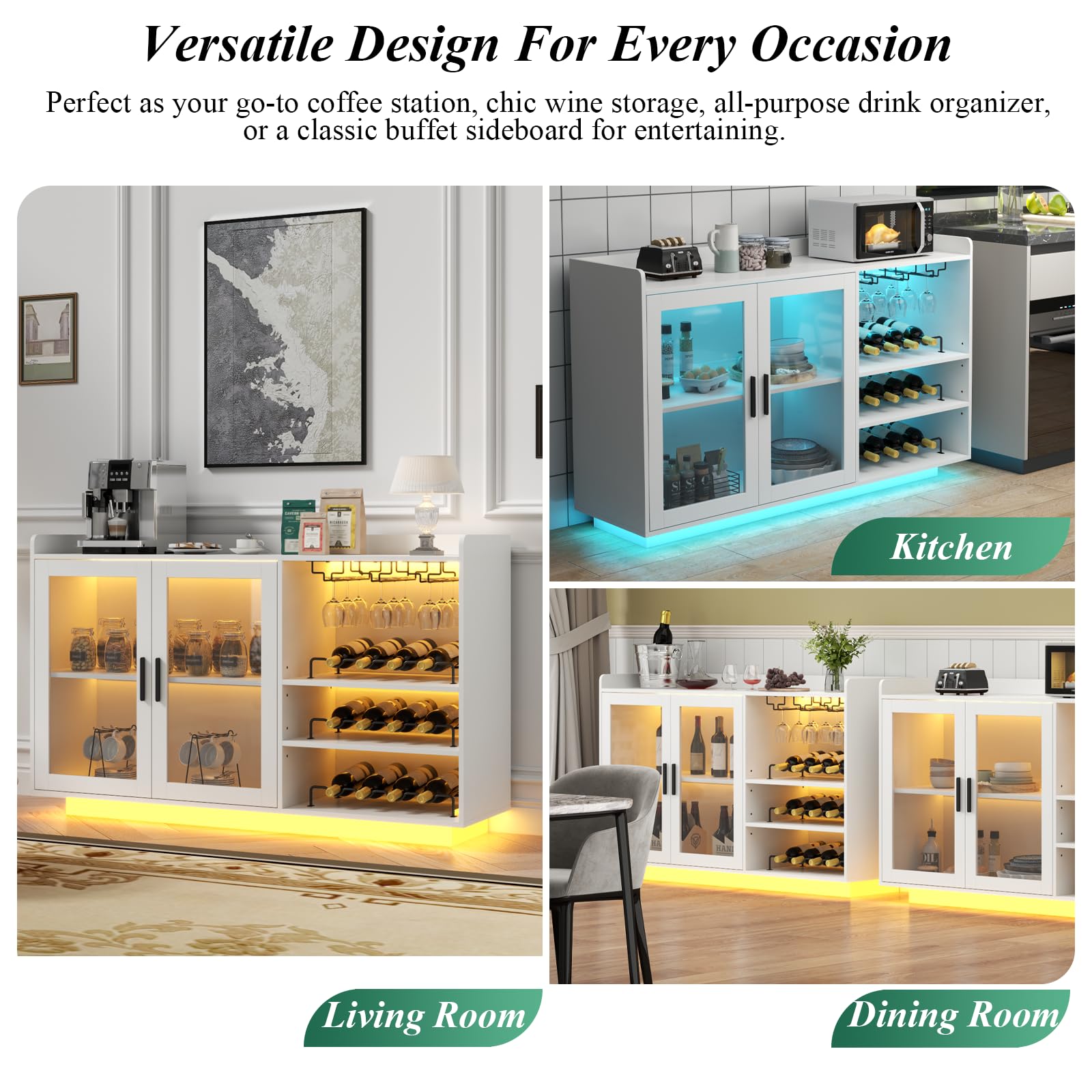 Loomie Wine Bar Cabinet with LED Lights, Floating Coffee Bar with Glass Rack and Removable Wine Racks, Modern Buffet Sideboard with Storage Shelves, Kithchen Bar with Glass Cabinet Doors, Black