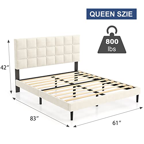 Molblly Queen Bed Frame Upholstered Platform with Headboard and Strong Wooden Slats,Non-Slip and Noise-Free,No Box Spring Needed, Easy Assembly,Light Beige