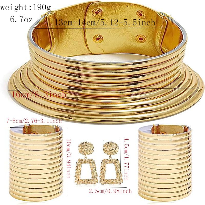 FLD 5pcs African Vintage Statement Choker Resin Snap Necklaces Bangle Jewelry Women Long Neck Collar Wide Leather Bracelet Stud Earring Sets