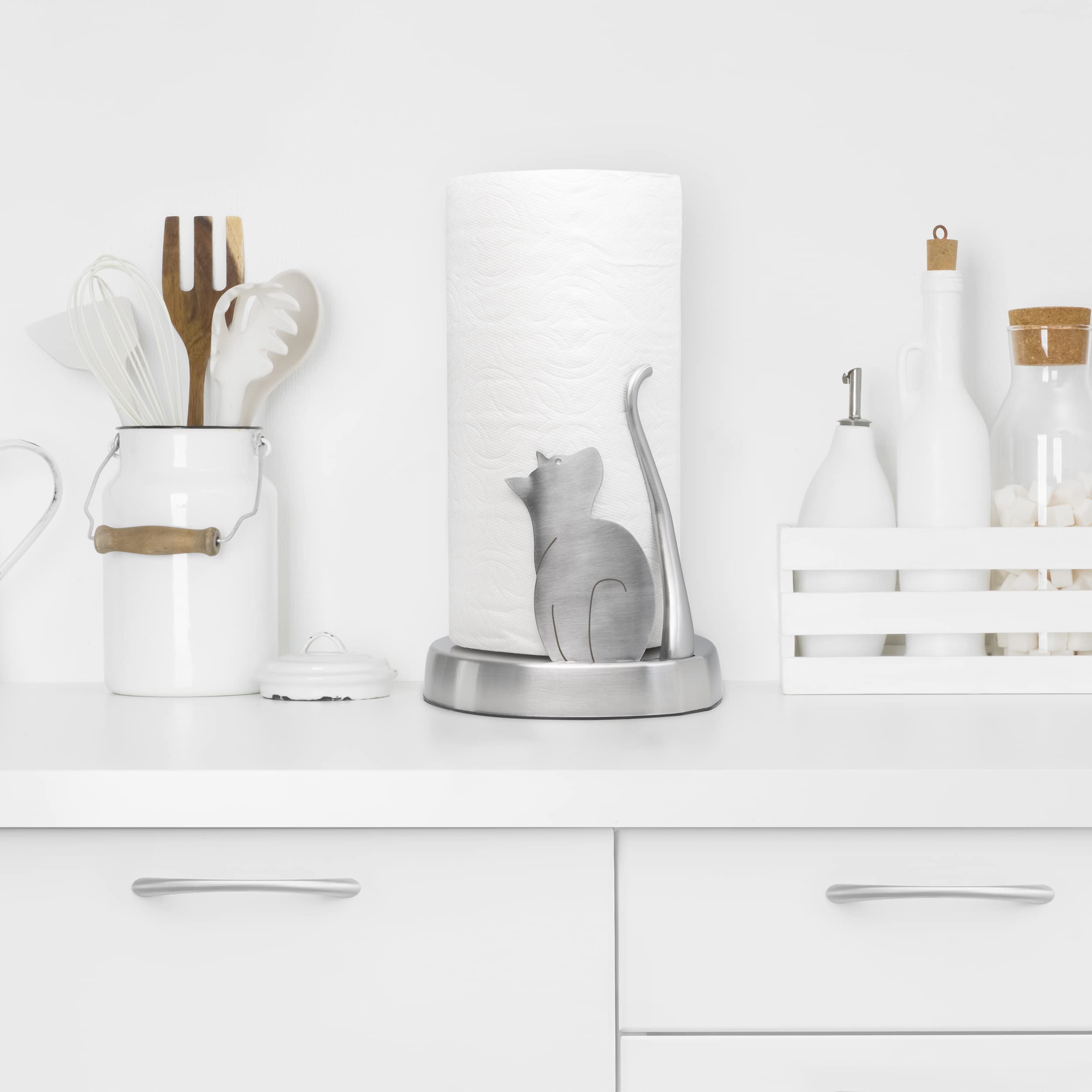 Everyday Solutions Meow Paper Towel Holder - Stainless Steel, Countertop Paper Towel Dispenser - with Tension-Spring for Single Handed Use - Featuring Cute Animal Tail Design - Great for Pet Lovers