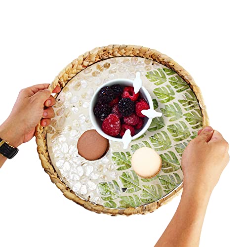 MadeTerra Round Seagrass Tray with Mother of Pearl Inlay Wooden Base Insert Handle, Decorative Nacre Serving Basket for Breakfast, Food, Coffee Table Decor, Decoration, Storage and Display (Set 2)