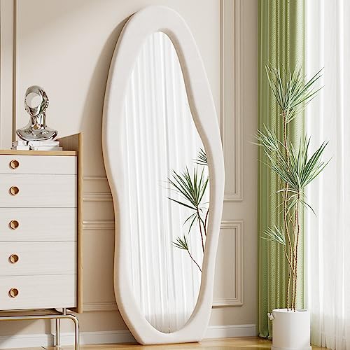 Dewfig Full Length Mirror, 63" x 24"Irregular Mirror, Large Floor Length Mirror Wall Mounted, Standing Mirror with Flannel Wrapped Wooden Frame for Bedroom/Living Room, White