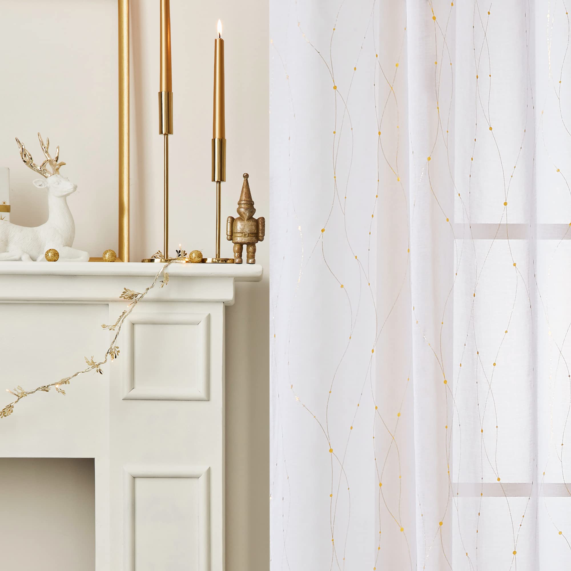 Deconovo 45 Inch Curtains for Kitchen, White Sheer Curtains for Cafe, Grommet Top Semi Sheer Curtains, Foil Printed Light Filtering Curtains for Dining Room(52W x 45L, White/Gold, 2 Panels)
