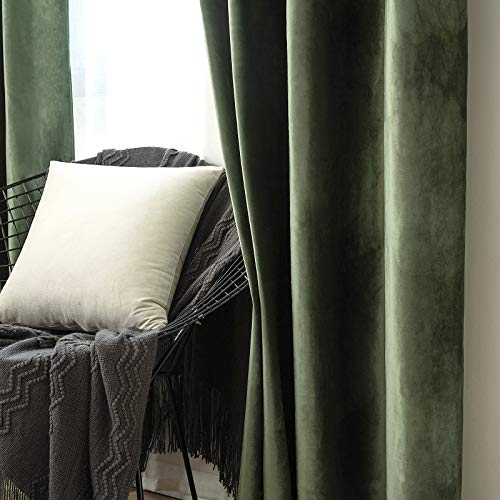MIULEE Olive Green Velvet Curtains 96 inch Long and 100% Blackout Velvet Curtains