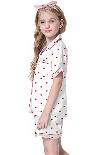 Satin Pajamas for Womens, Silk Pajamas 2 Pcs Button Down Sleepwear Short Sleeve Loungewear Outfit for Womens, D White Heart, US S
