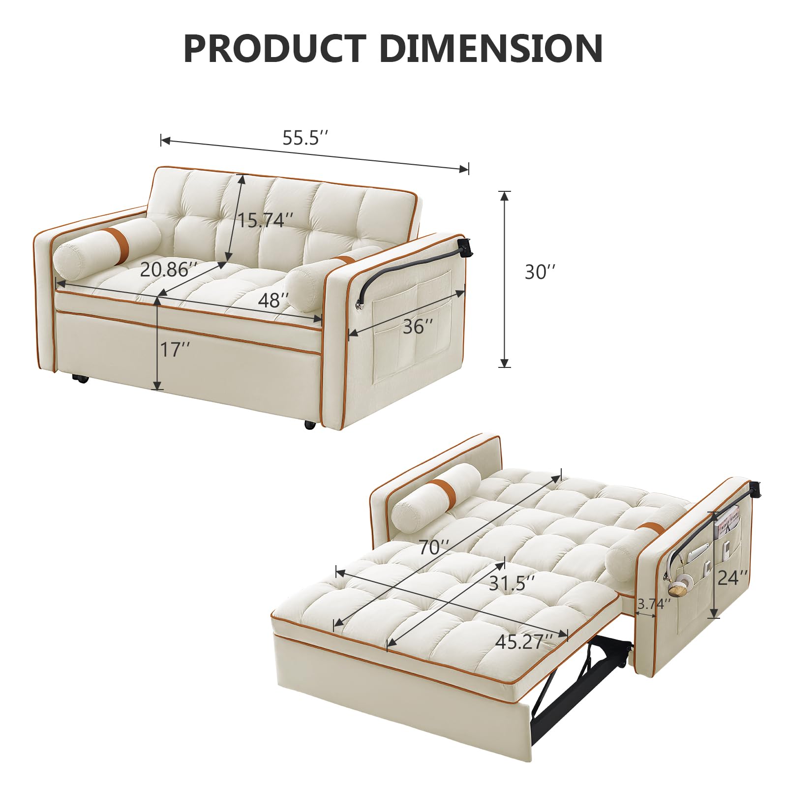 Hommoo Sleeper Sofa Couch with Pull Out Bed 3 in 1 Small Love Seat Convertible Futon Sofa Bed Comfortable Velvet Reclining Back Toss Pillows and Pockets for Living Room, Office 55" Blue