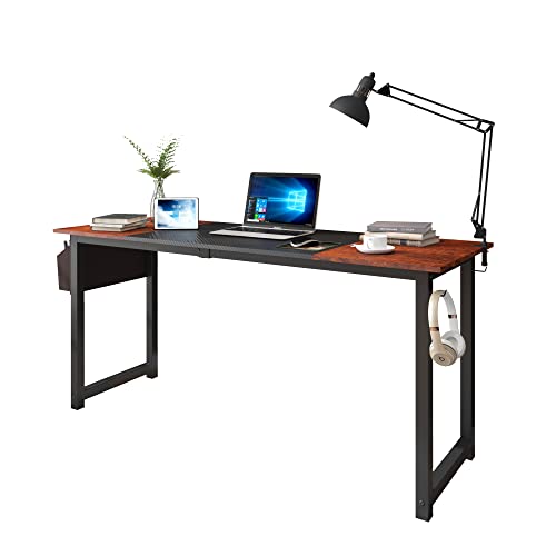 Decoholic 63 Inch Home Office Computer Two-Color Panel Desk with Storage Bag and Hook, Black, Sandalwood Color, Industrial Modern Laptop Desk