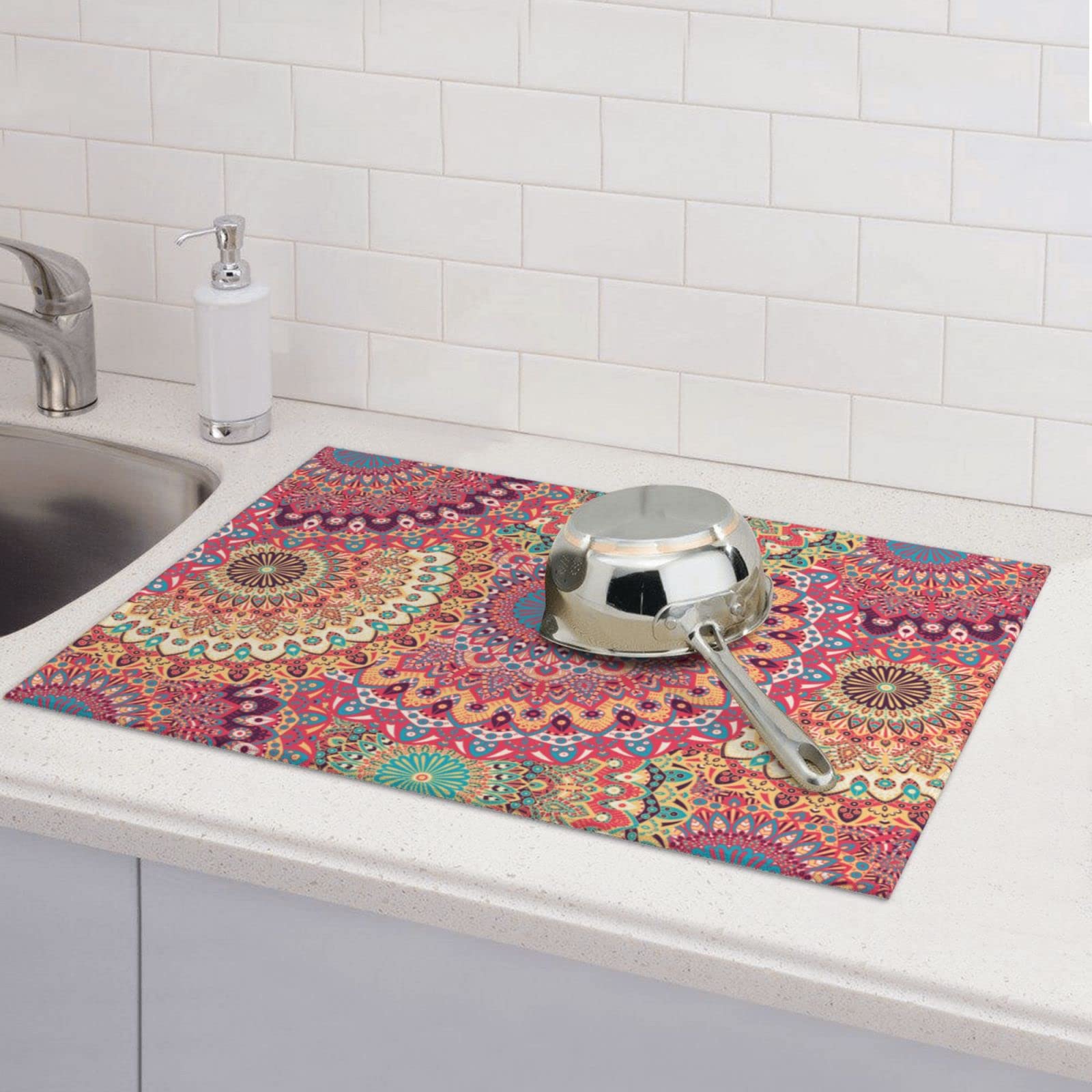 Dish Drying Mat for Kitchen Counter Boho Hippie Style Microfiber Absorbent Dish Draining Mats Reusable Washable Large 18"x24"