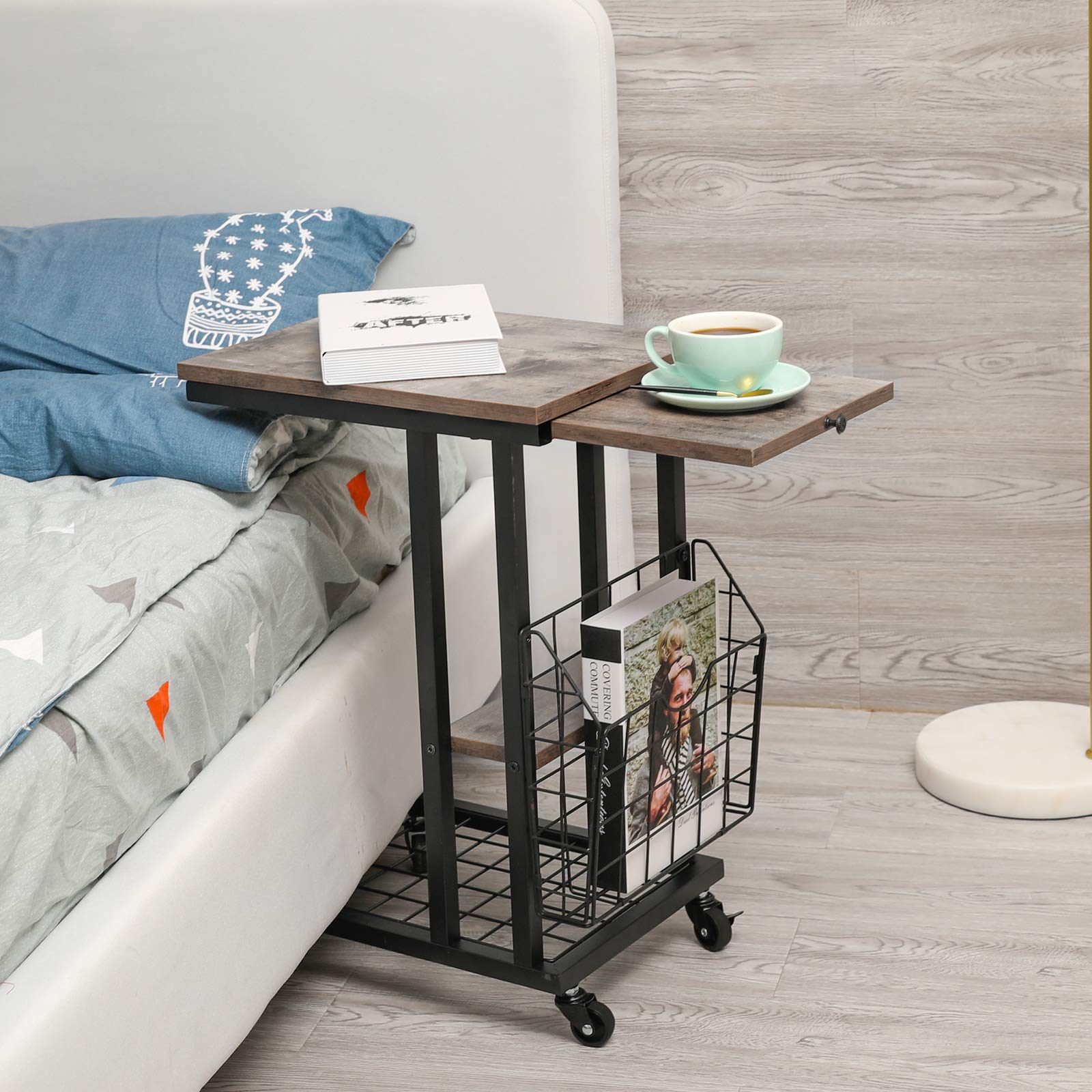 X-cosrack C End Table with Wheels C Shaped Side Table with Side Pocket Industrial Wood Sofa Side End Tables Rolling Casters for Coffee Laptop Sofa Couch Bed Living Room