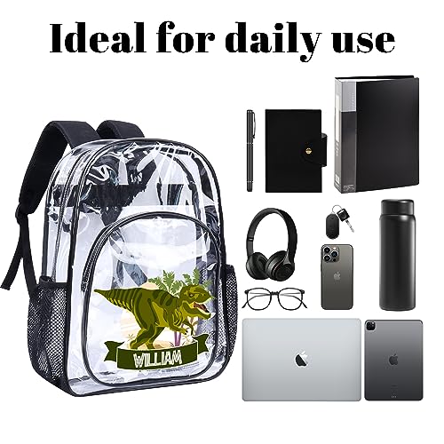 J&SBGFT Personalized Clear Backpack for Boys,Custom Dinosaur Clear Backpacks with Name,Transparent Backpack with Reinforced Strap,See Through Book Bag,Waterproof Heavy Clear Book Bag for School