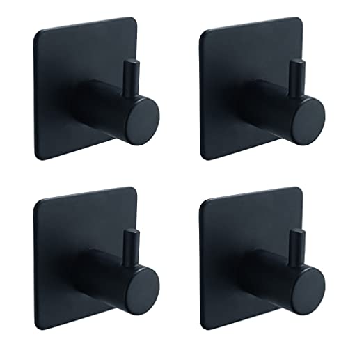 Self Adhesive Hooks 6Pack, 304 Stainless Steel Adhesive Coat Hooks, Sticky Towel Hooks, 4Pack Anti-Rust Waterproof Hooks for Kitchen Bathroom Office Toilet, No Drill Glue Needed (4PCS Black)