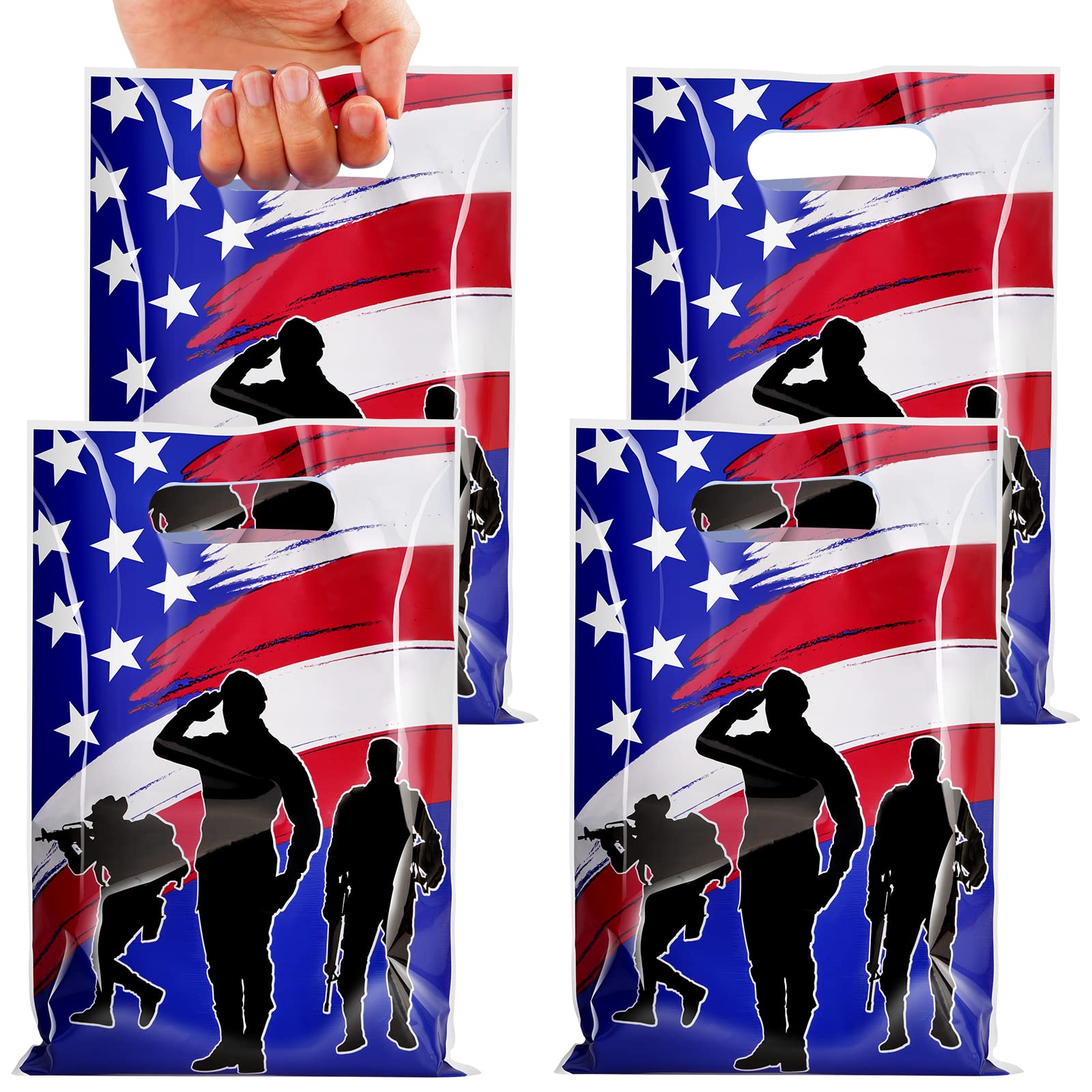 MASHAN 50pcs Veterans Day Gift Bags, Plastic Goodies Treat Bags with American Flag Patriotic Soldier for Independence Day Veterans Day and Army Party Decorations