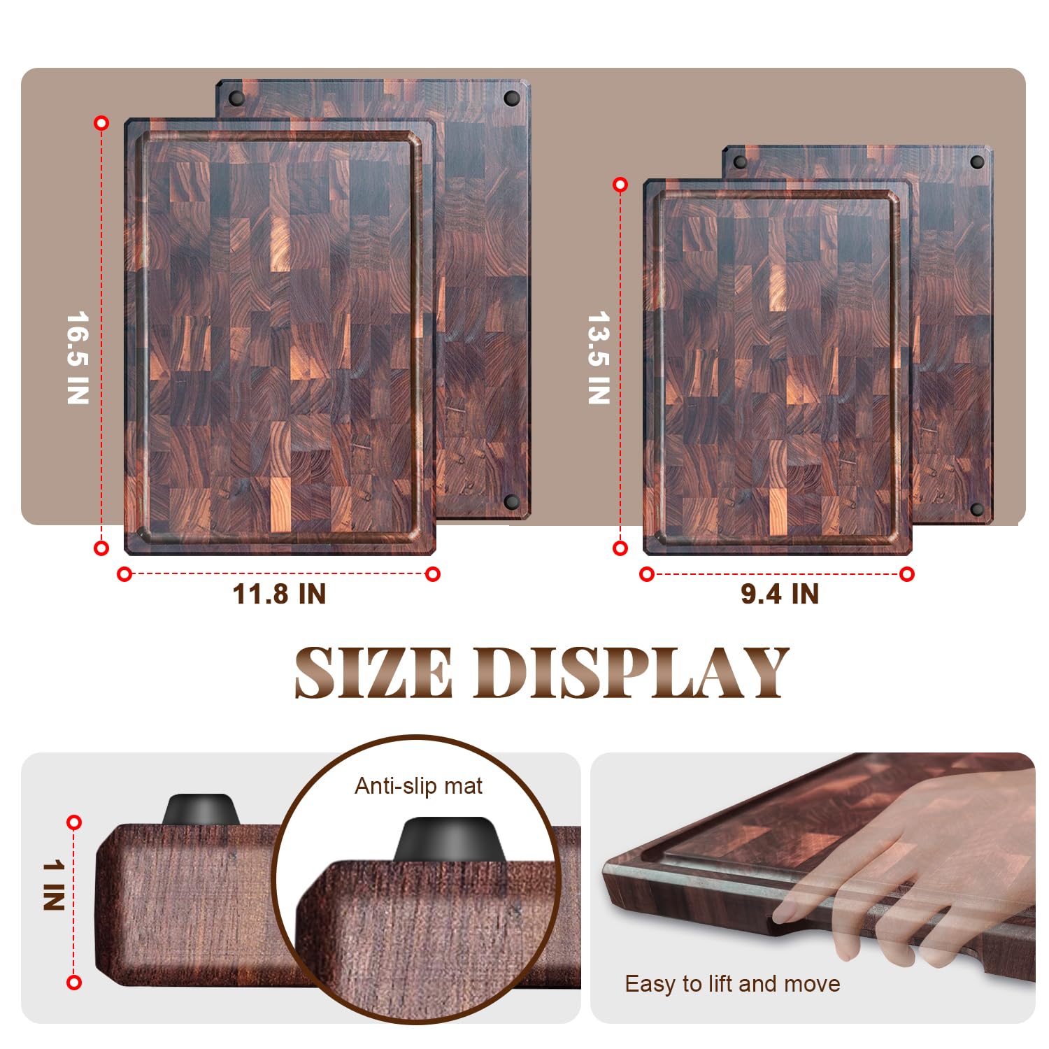 COCOBOSS Walnut Cutting Boards for Kitchen Chopping Board End Grain Cutting Board Premium Black Walnut Wood Cutting Board with Juice Groove, Non-Slip Feet & Handles(13.5 x 9.4 x 1.0 Inch, Gift Box)