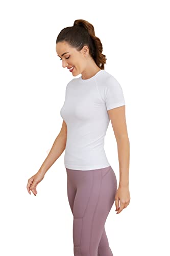 MathCat Workout Shirts for Women, Workout Tops for Women Short Sleeve, Seamless Yoga Shirts, Breathable Athletic Gym Tops Slim Fit(White,S)