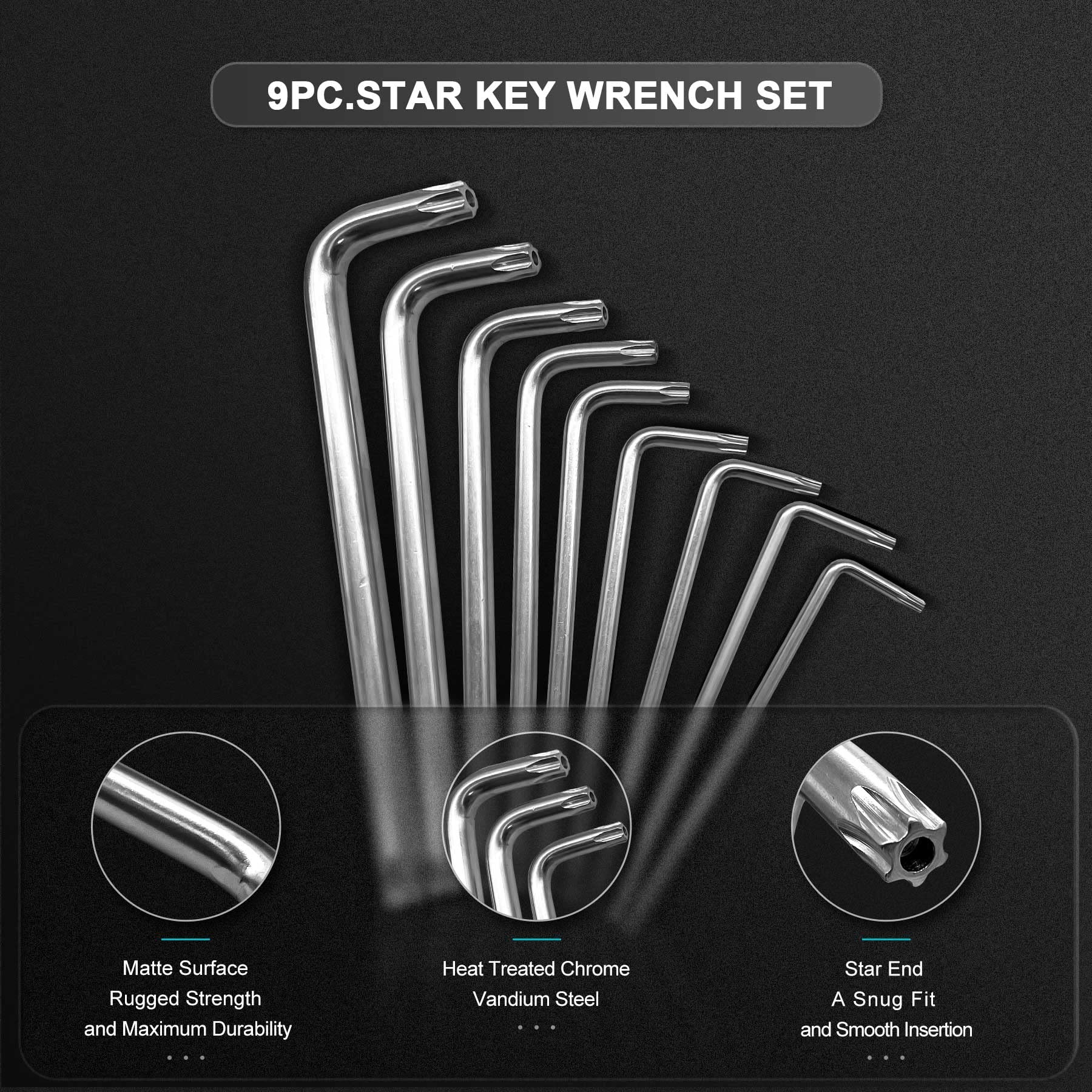 HAUTMEC Star Key Wrench Set, 9-Piece Torx Star Wrenches- Chrome Vanadium Steel and Drilled tips for Tamper Resistant Fasteners, HT0222-SS